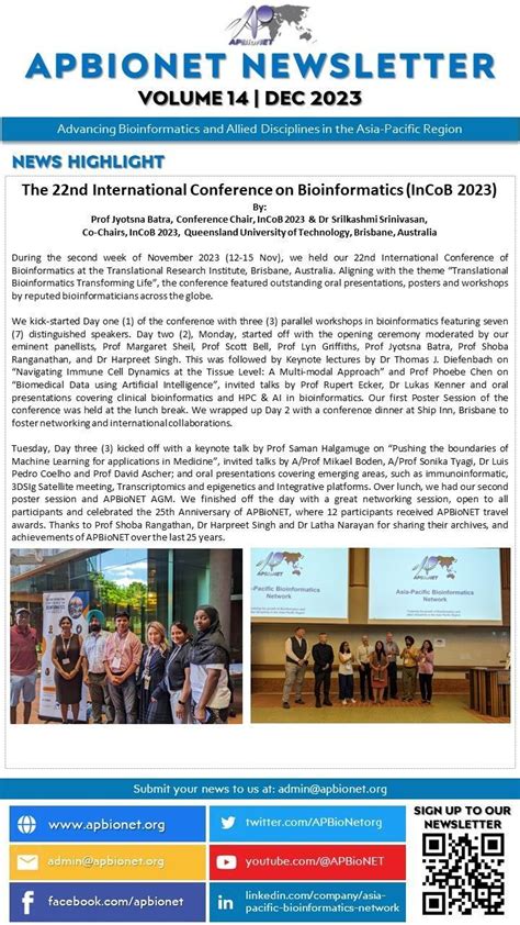 Asia Pacific Bioinformatics Network Apbionet On Linkedin Incob23