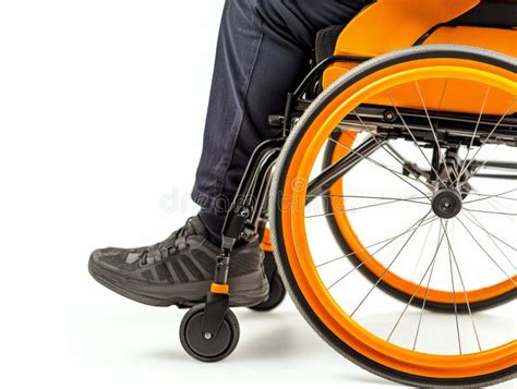 Closeup Of A Person Sitting In A Modern Wheelchair With Vibrant Orange Wheels Wearing Black
