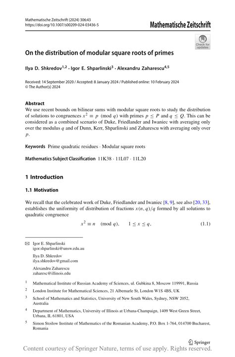 Pdf On The Distribution Of Modular Square Roots Of Primes