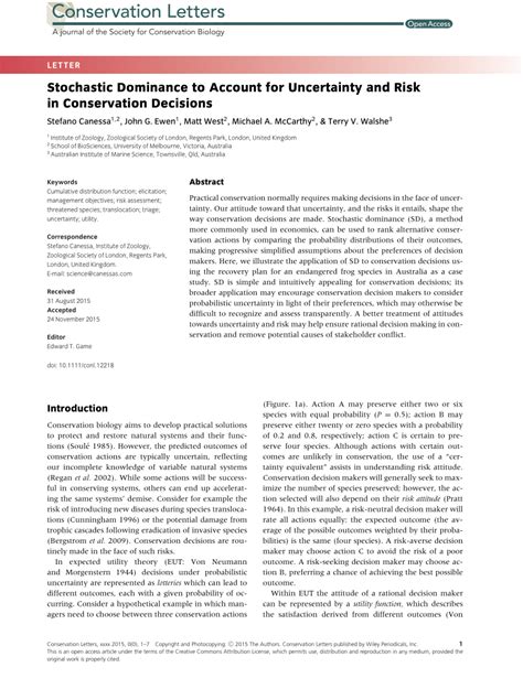 PDF Stochastic Dominance To Account For Uncertainty And Risk In Conservation Decisions