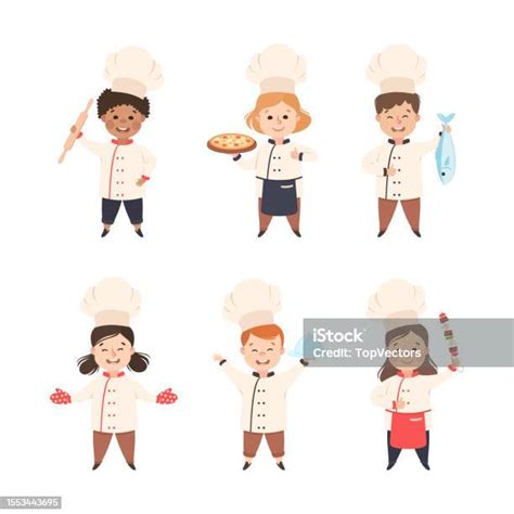 하얀 토크와 유니폼을 입은 어린이 요리사가 요리와 요리 벡터 세트를 즐기고 있다 오븐에 굽기에 대한 스톡 벡터 아트 및 기타