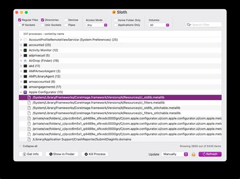 show all open files directories sockets pipes devices by all running processes on mac with