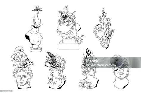 꽃 고대 그리스 남성과 여성 동상 고립 된 클립 아트 번들 꽃 검은 흰색 선 그림이있는 골동품 조각품 식물 꽃다발로 손으로 그린 여성 흉상 벡터 세트 고대 그리스 양식에