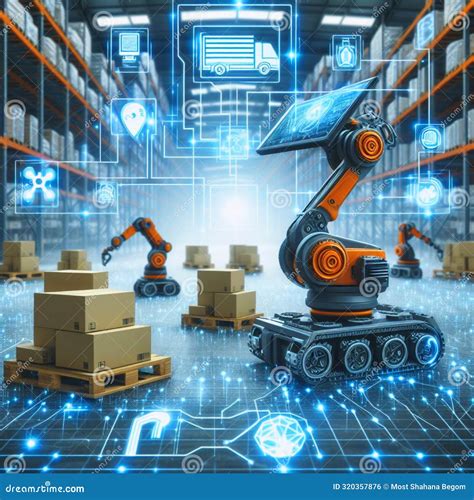 Robotic Arm Handling A Cardboard Box In The Warehouse Stock Illustration Illustration Of