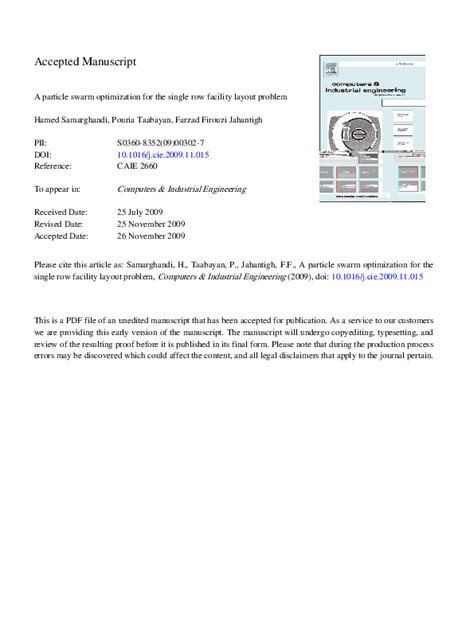 Pdf A Particle Swarm Optimization For The Single Row Facility Layout