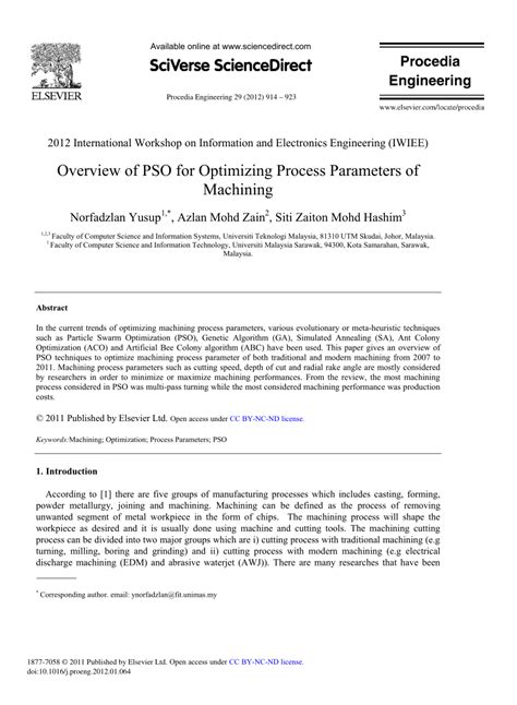 Pdf Overview Of Pso For Optimizing Process Parameters Of Machining