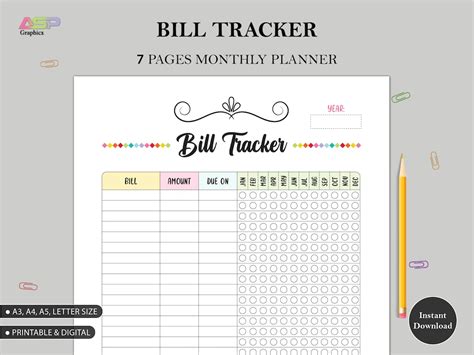 Monthly Bill Tracker Printable Budget Planner Bill Organizer