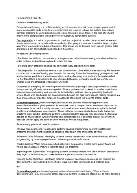 Computational Thinking Hamza Ahmed 40221477 Computational Thinking