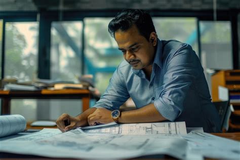Indian Male Structural Engineer Reviewing Detailed Blueprints In Office With Camera Premium Ai