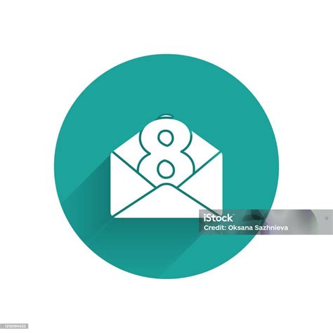 긴 그림자로 격리 된 3 월 8 일 아이콘이있는 흰색 봉투 메시지 사랑 편지 사랑과 로맨스 국제 해피 우먼의 날 녹색 원 버튼입니다 벡터 일러스트레이션 2월에 대한 스톡