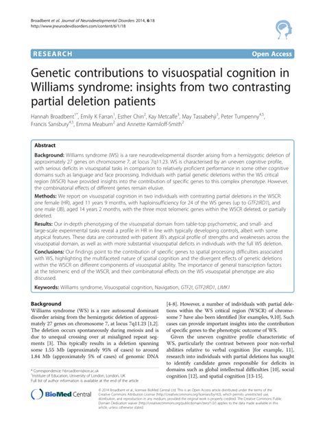 Pdf Genetic Contributions To Visuospatial Cognition In Williams Syndrome Insights From Two