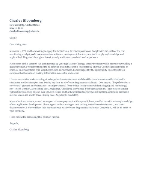 Free Software Developer Cover Letter Sample Rezi