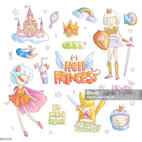 용감한 말괄량이 지옥 공주 벡터 만화 설정합니다 공주 마법과 페미니즘 일러스트 레이 션 작은 십 대 소녀 공주 슈퍼 히어로 전사 용감한 소녀 그림 페미니즘 공주 컬렉션성