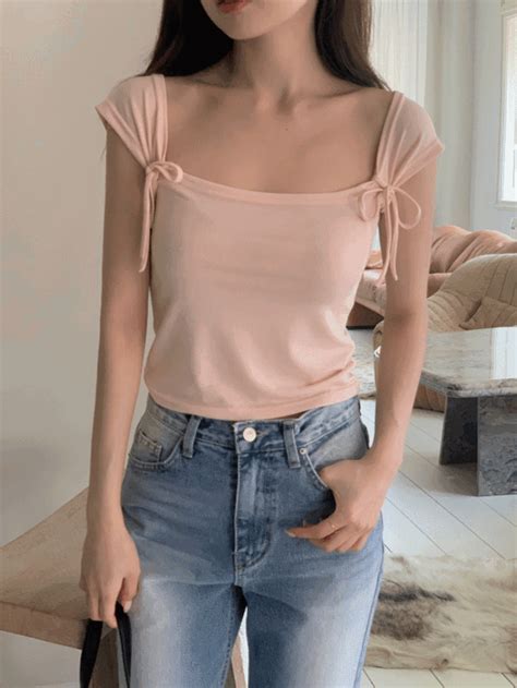 온마이원 블링 리본 반팔 크롭 티셔츠 5color