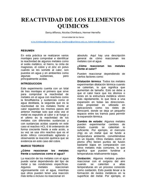 Reactividad De Los Elementos Quimicos Informe Pdf Ácido Rieles