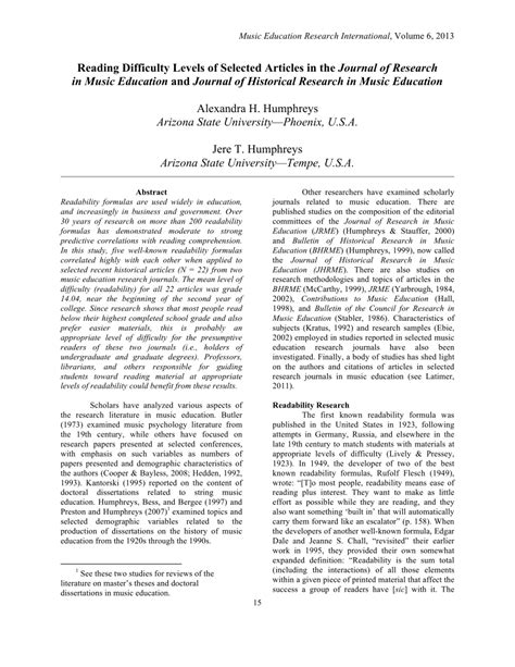 Pdf Reading Difficulty Levels Of Selected Articles In The Journal Of Research In Music