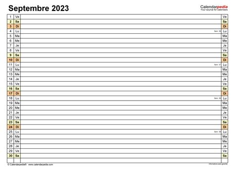 Calendrier Septembre 2023 Excel Word Et Pdf Calendarpediacalendario