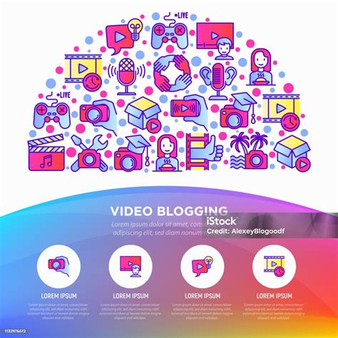 얇은 라인 아이콘과 함께 반 원에서 비디오 블로깅 개념 블로그 Asmr 무 방 언 박싱 Diy 스트림 게임 리뷰 협업 팟캐스트 팁과 트릭 벡터 일러스트 레이 션 웹 페이지