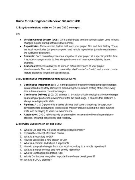 Guide For Qa Engineer Interview Git And Cicd Pdf Version Control