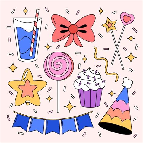 Ilustración De Dibujo De Confeti Dibujado A Mano Para Cumpleaños Con Dulces Y Gorro De Fiesta