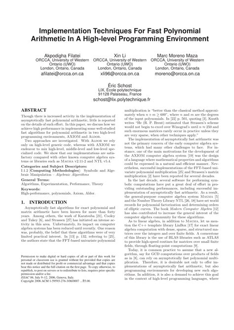 Pdf Implementation Techniques For Fast Polynomial Arithmetic In A