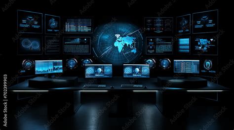 cybersecurity command center with multiple screens and digital data