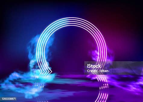패턴 배경에 네온 색상 기하학적 원 둥근 신비한 포털 네온 사인 바닥에 파란색과 분홍색 네온 빛의 반사 어둠 속에서 빛의 광선 연기 벡터 네온에 대한 스톡 벡터 아트 및