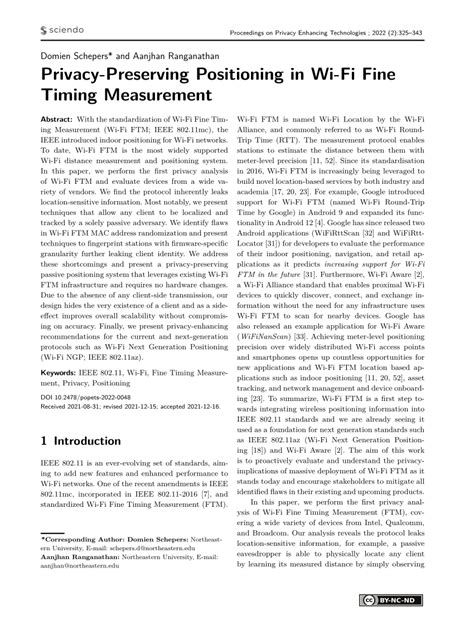 Pdf Privacy Preserving Positioning In Wi Fi Fine Timing Measurement
