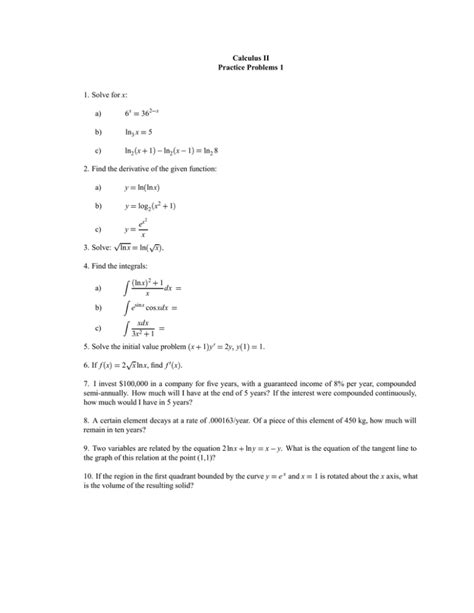 Calculus Ii Practice Problems 1 X A