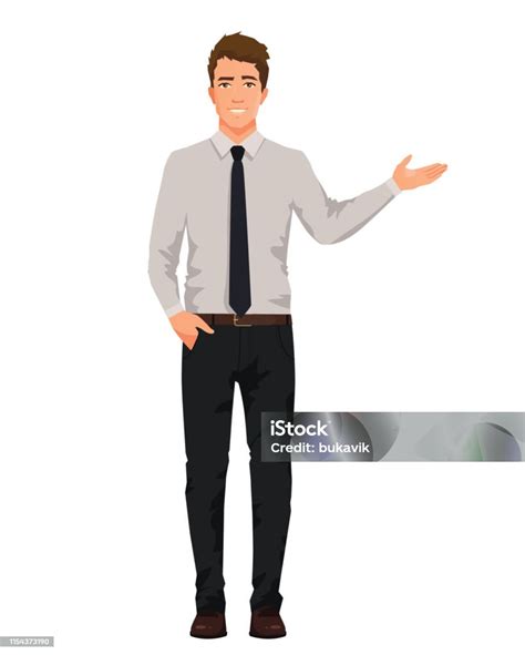 손 위로 공식적인 옷에 있는 3 명의 사업 남자의 벡터 일러스트 레이 션 질문 포즈 프리젠테이션 포즈 만화 현실적인 사람들의 일러스트입니다 정면 보기 남자 가득 찬에 대한