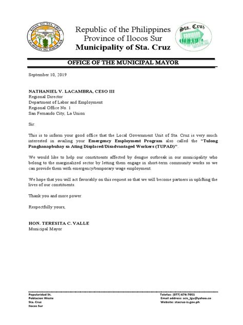 Sta Cruz Request For Tupad Program Pdf Politics