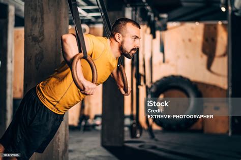 체육관에서 체조 링에 운동을 하 고 활동적인 젊은 스포츠맨 강사에 대한 스톡 사진 및 기타 이미지 강사 건강한 생활방식 결심 Istock