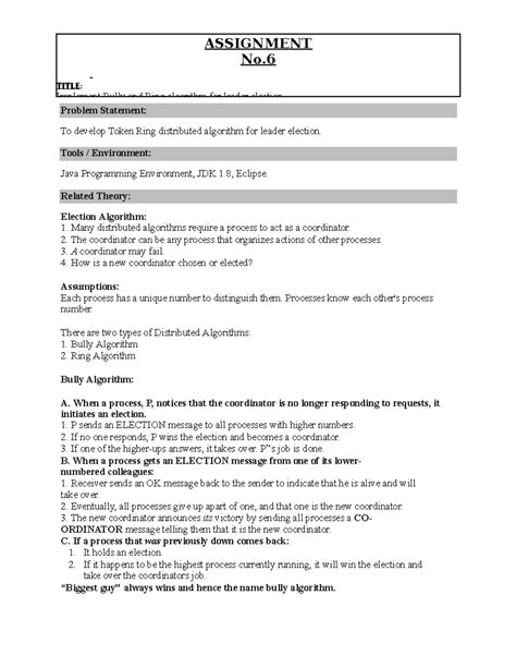 Assignment 6 6implement Bully And Ring Algorithm For Leader Election To Develop Token Ring