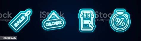 판매 매달려 기호 닫기 모바일 및 쇼핑 카트와 스톱 워치 와 라인 가격 태그를 설정합니다 빛나는 네온 아이콘 벡터 구매에 대한 스톡 벡터 아트 및 기타 이미지 Istock