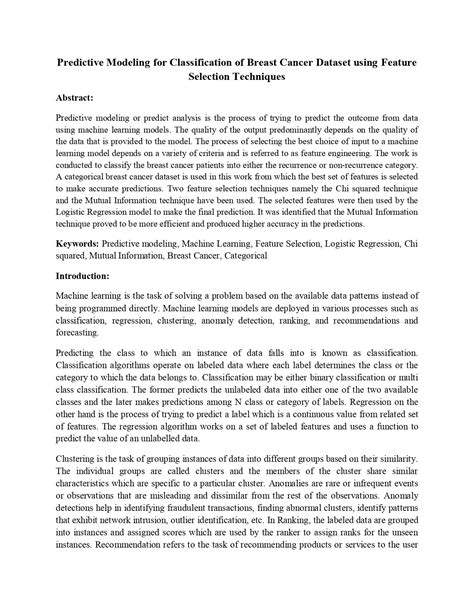 Predictive Modeling For Classification Of Breast Cancer Dataset Using Feature Selection