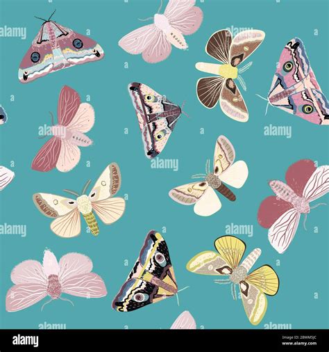 Colored Moths On A Turquoise Light Blue Color Background Seamless Vector Pattern With Insects