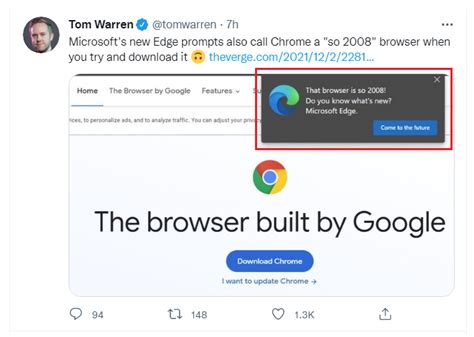 Microsoft Edge Now Shows Messages Discouraging Downloading Chrome