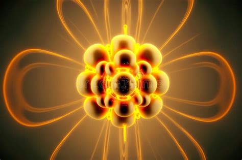 Atom Orbit Model Of Yellow Glowing Particles With Divergent Rays Stock Illustration