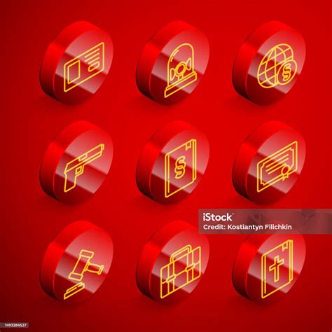 라인 식별 배지 점멸 사이렌 국제법 권총 또는 총 법률 책 인증서 템플릿 판사 망치 및 서류 가방 아이콘을 설정합니다 벡터 3