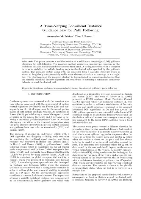 Pdf A Time Varying Lookahead Distance Guidance Law For Path Following
