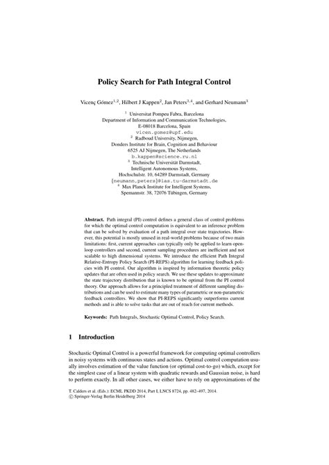 Pdf Policy Search For Path Integral Control
