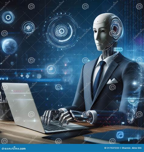 3d Rendering Humanoid Robot Working With A Laptop On Dark Blue Background Stock Illustration