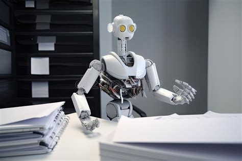 Robot Programmed To Perform Tasks In Virtual Office With Paper Files And Folders Neatly