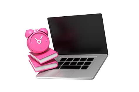 책과 알람 시계가있는 컴퓨터 노트북 학교로 돌아 가기 온라인 학습 교육 개념 사무실에서 일할 시간 흰색 배경에 고립 된 만화 창조적 인 디자인 아이콘 3d 렌더링 3차원