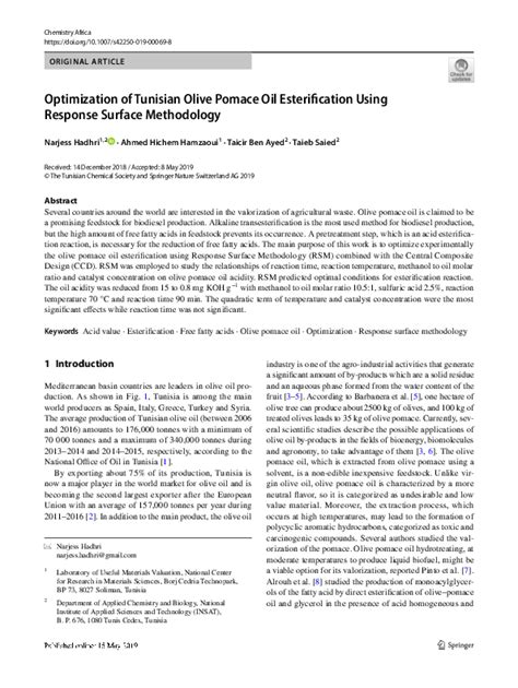 Pdf Optimization Of Tunisian Olive Pomace Oil Esterification Using Response Surface Methodology