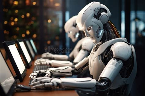 Modern Office Environment With A 3d Rendered Ai Powered Robotic Assistant Stock Illustration