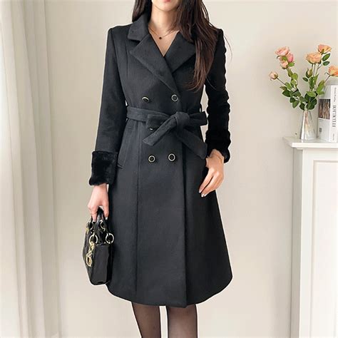 안감누빔 울코트 브랜드퀄리티 알파카 울 퍼 소매 금장 안감 누빔 벨트 트렌치 롱 코트 에이블리
