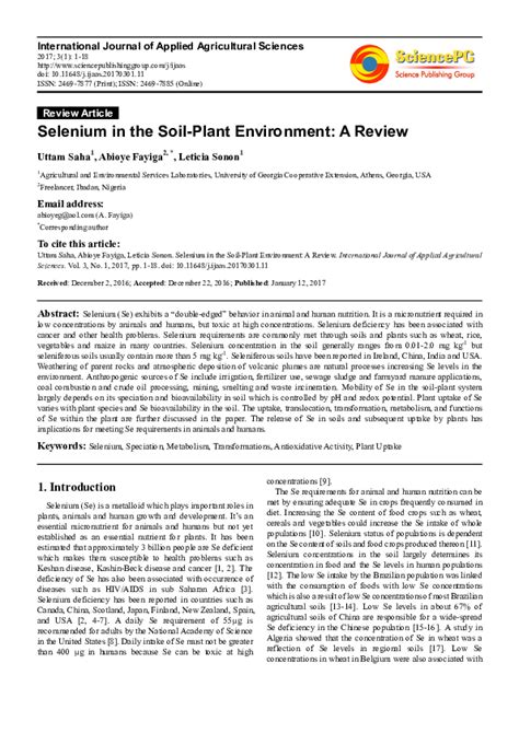 Pdf Selenium In The Soil Plant Environment A Review