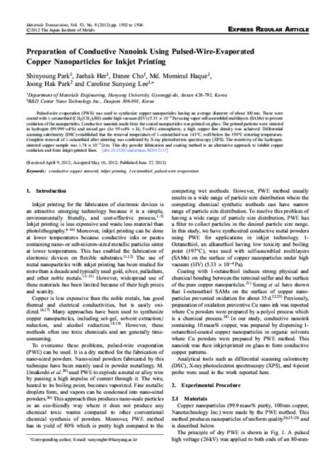 Pdf Preparation Of Conductive Nanoink Using Pulsed Wire Evaporated