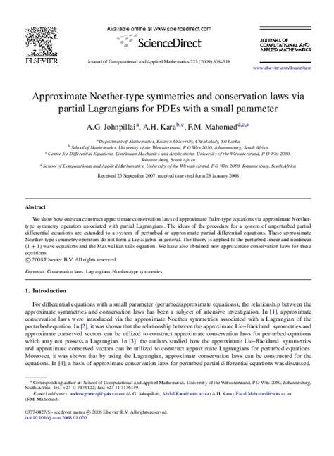Pdf Approximate Noether Type Symmetries And Conservation Laws Via Partial Lagrangians For Pdes